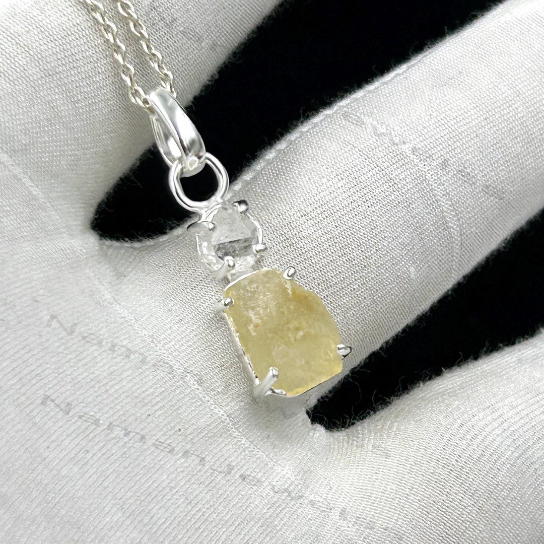 Genuine Libyan Desert Glass and Herkimer Diamond Pendant Necklace in ...