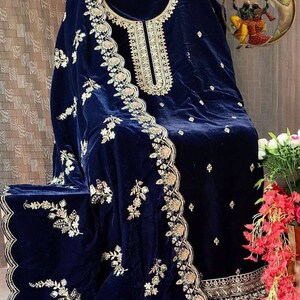 Premium Pakistani Zari Embroidered 3 Pc Blue Velvet Kurta Palazzo Set ...