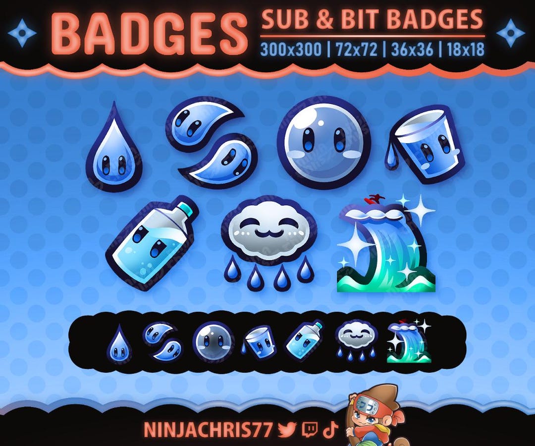 Water Badge Set | 7 Subscriber or Bit Badges for Twitch, Youtube, Kick ...