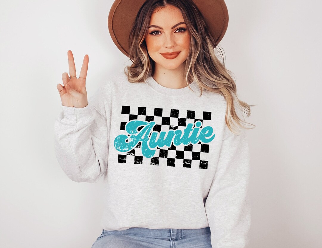 Retro Auntie Checkered PNG Sublimation Black and Turquoise, Trendy Aesthetic Shirt Design ...