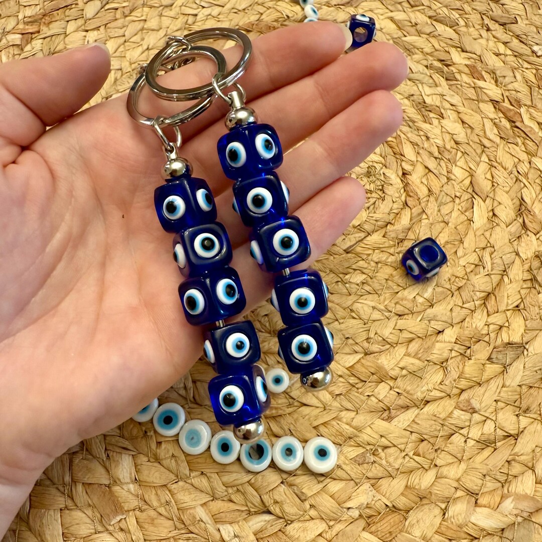 Square Evil Eye Beaded Charm Keychain for Protection and Peace of Mind ...