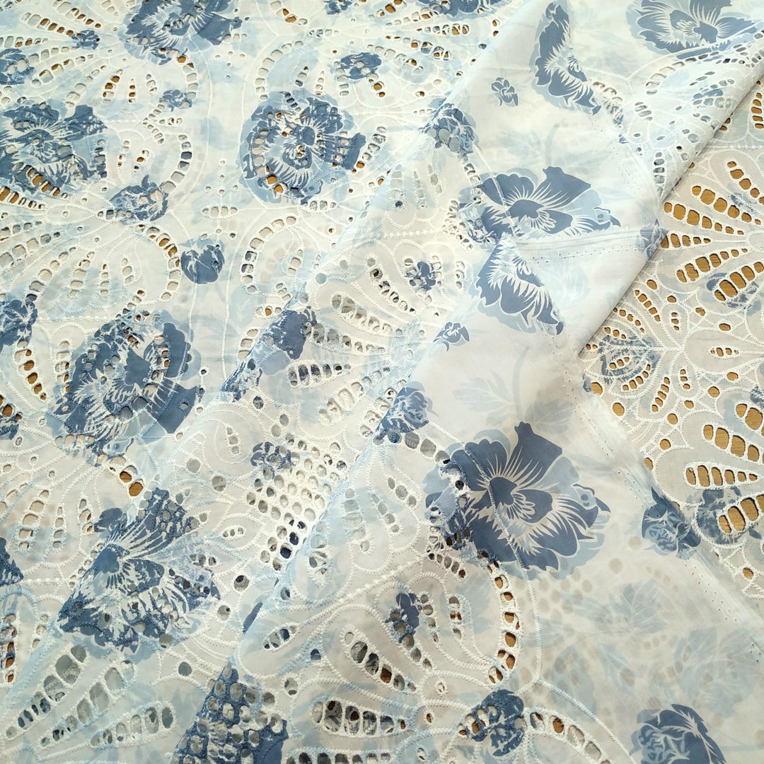90 Cm Remnant of Eyelet Embroidery Batiste in White With Blue Rose ...