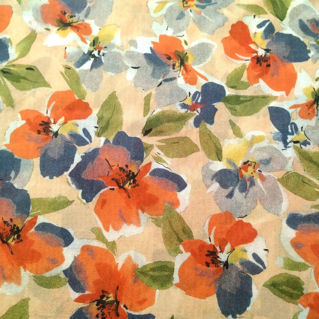 Batiste Cotton Fabric With Floral Pattern in Apricot, Orange, Blue and ...