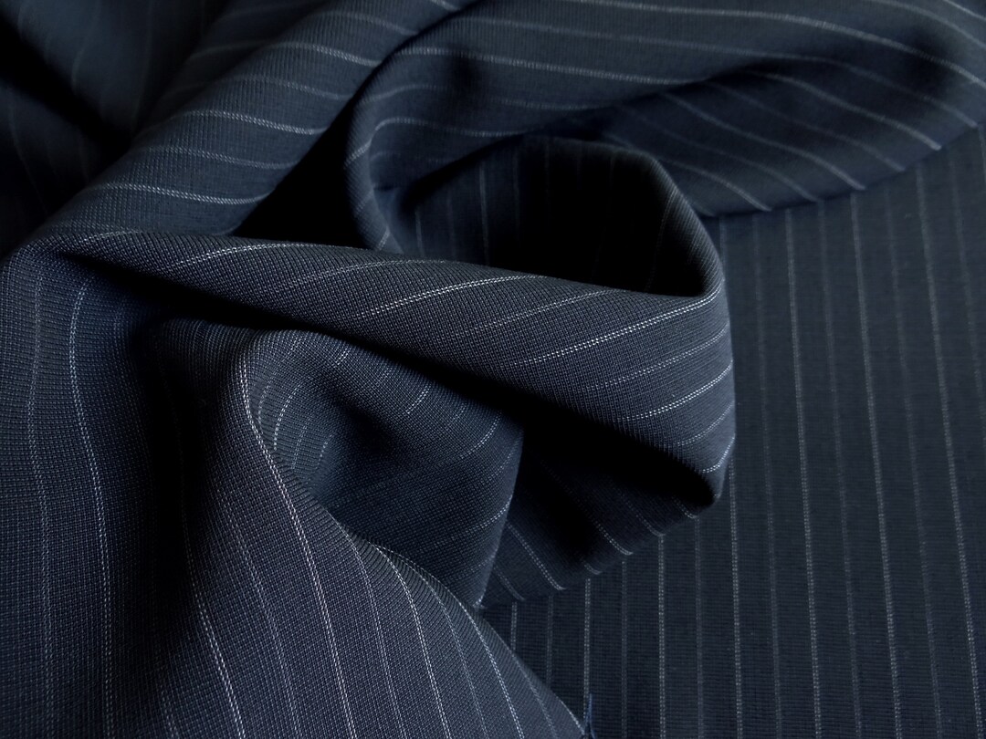 Light Stretch Wool Fabric in Dark Blue With Beige Pinstripes, Italian ...