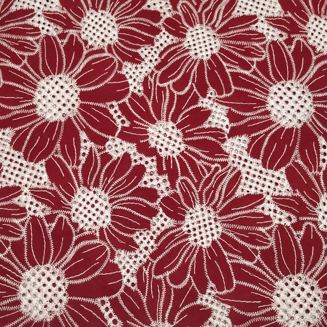 Embroidered Batiste With Scalloped Edges in Wine Red and White ...