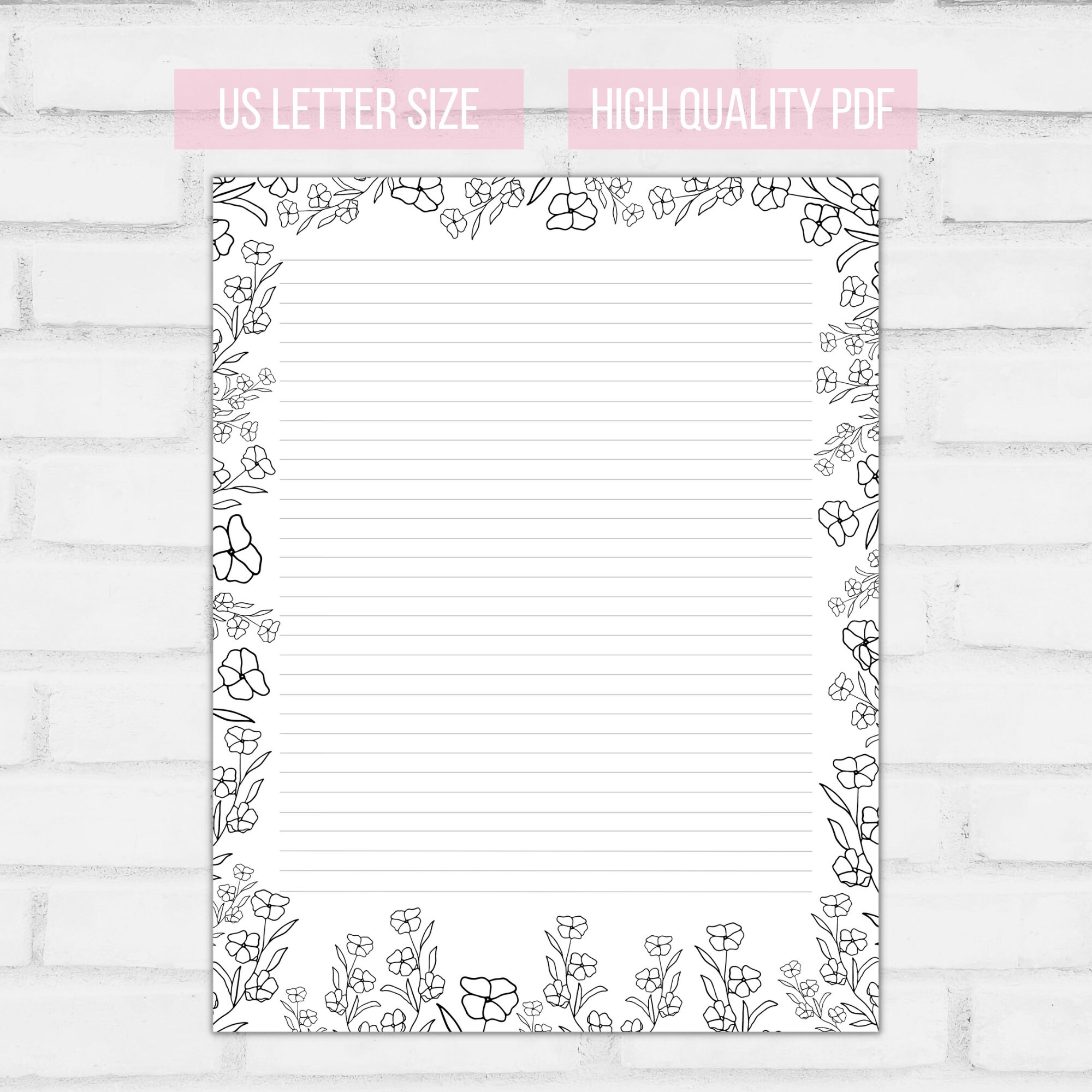 Floral Border Coloring Printable Stationery Paper for Letter - Etsy