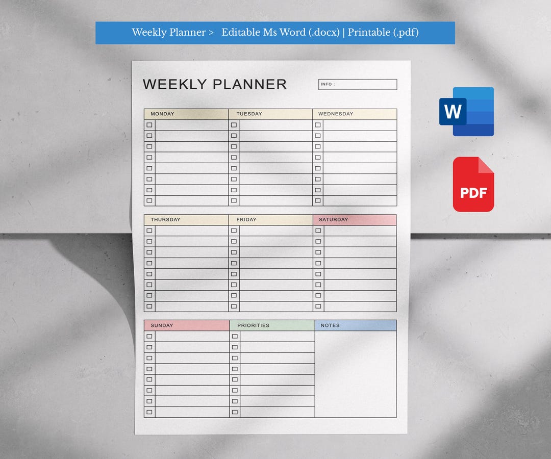 Editable Weekly Planner Template: Minimalist Design (DOCX,PDF) | Monday ...