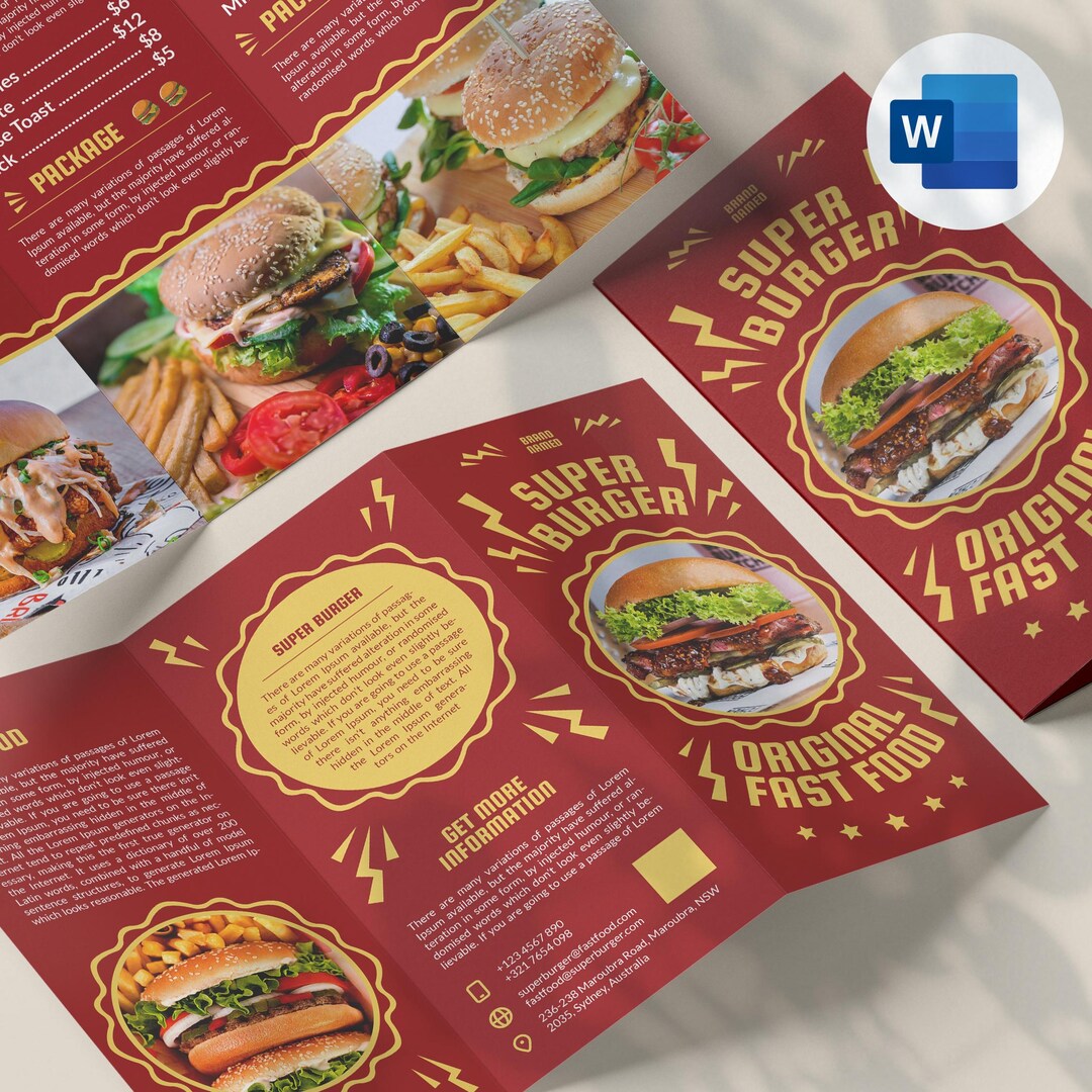 Super Burger Menu Trifold Brochure Template for Microsoft Word (DOCX ...