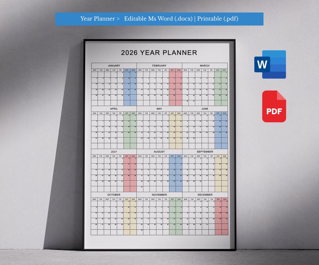 Editable Yearly Planner Template: Minimalist Design (DOCX,PDF) | Monday ...