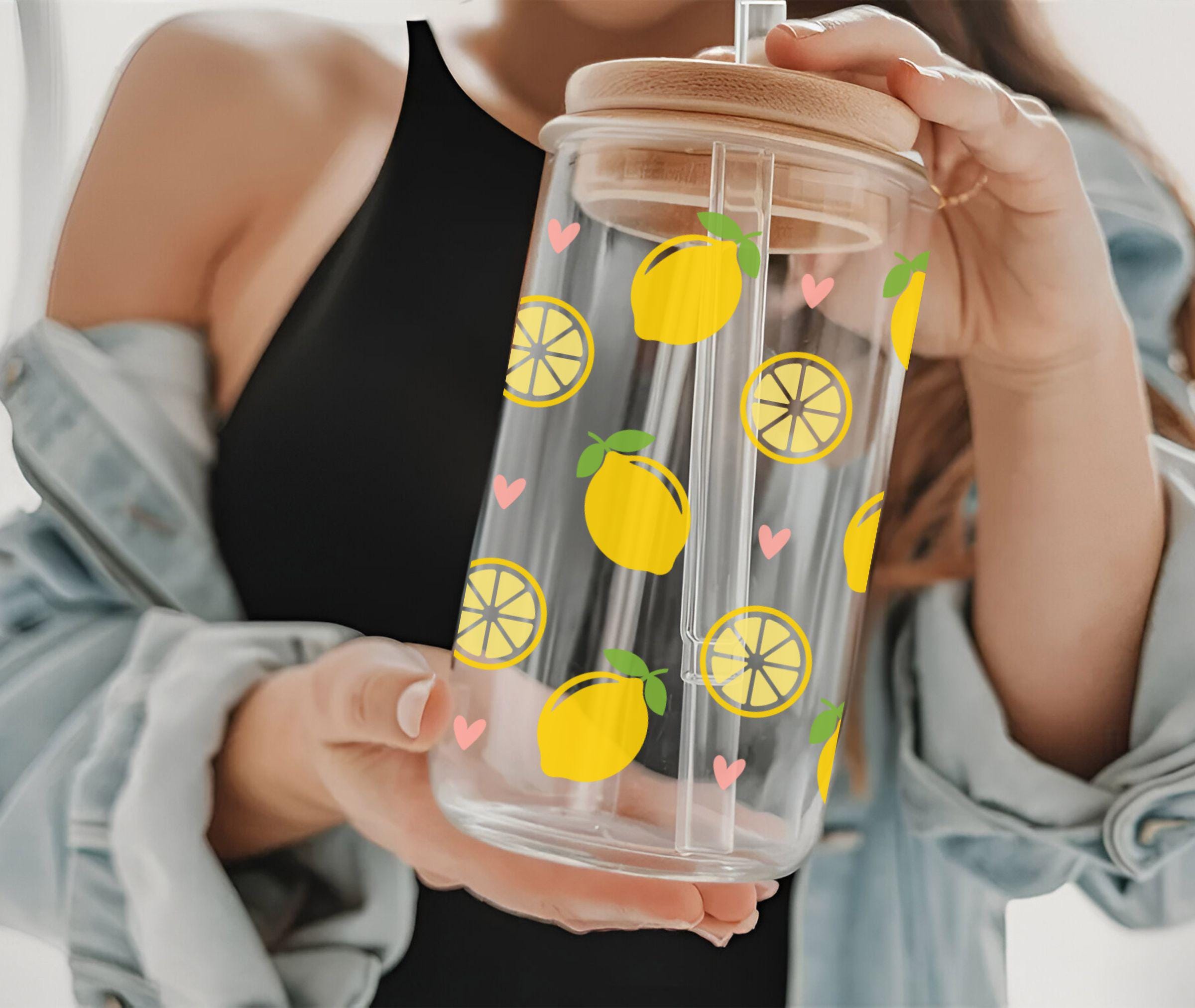 Floral Lemon Iced Coffee Glass, Fruit Design Cups, Lemonade Glass, 16 ...