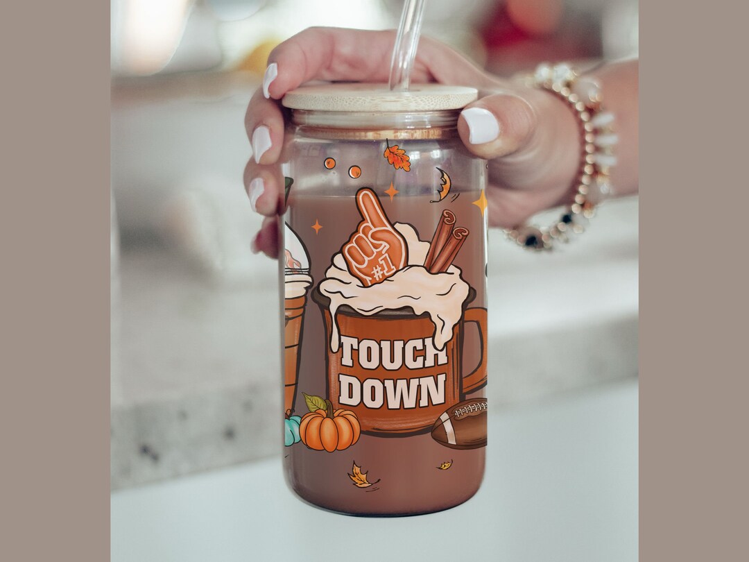 Fall Pumpkin Football Iced Coffee Latte Frosted Glass 16 Oz Cup Can ...