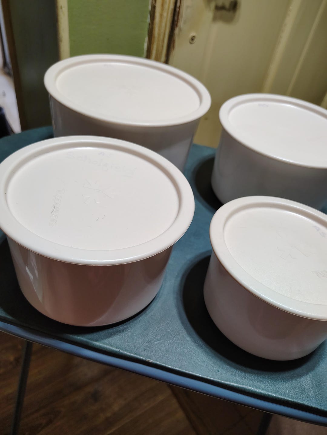 Tupperware Set of Four Canisters, Nesting One Touch, White With Pale ...