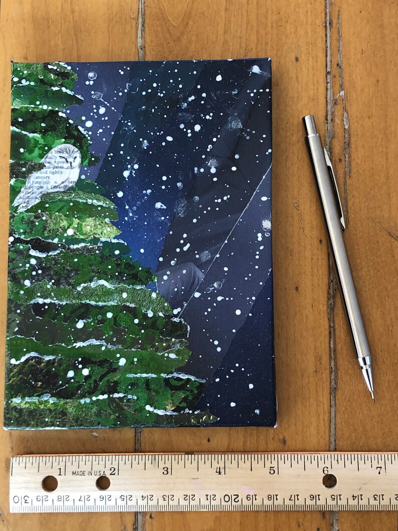 Handmade Wall Art snowy Night Owl, Mixed Media Painting on Canvas for ...