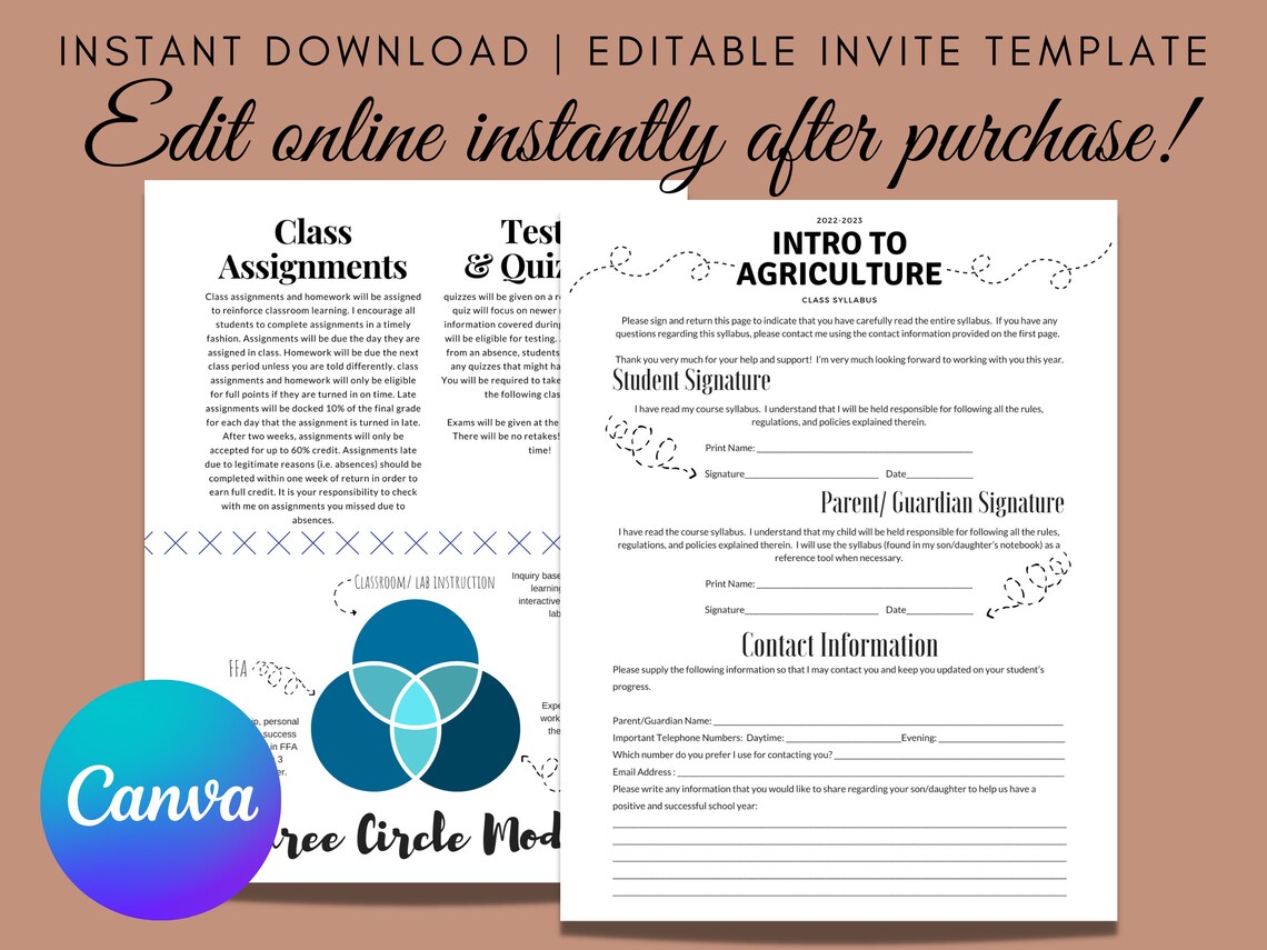 Editable Class Syllabus, Introduction to Ag, Back to School, EDITABLE ...