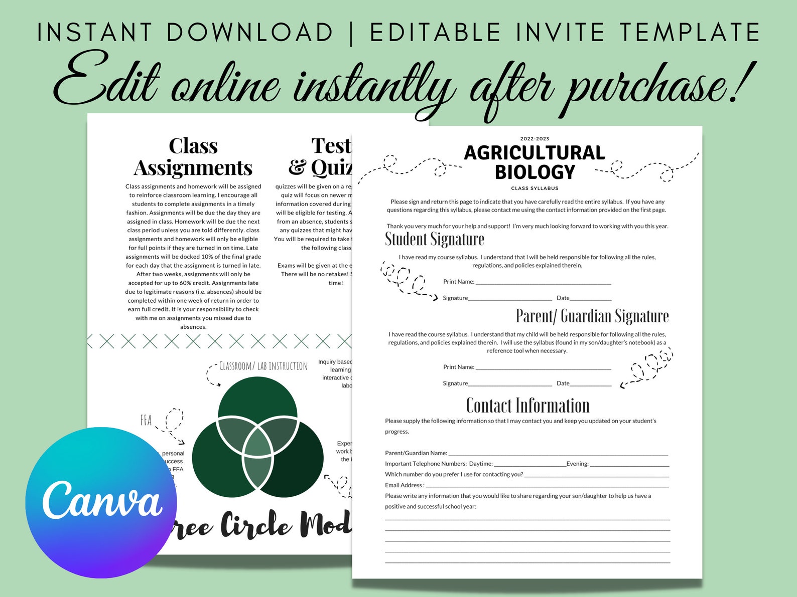 Editable Class Syllabus Agriculture Biology Back to School - Etsy