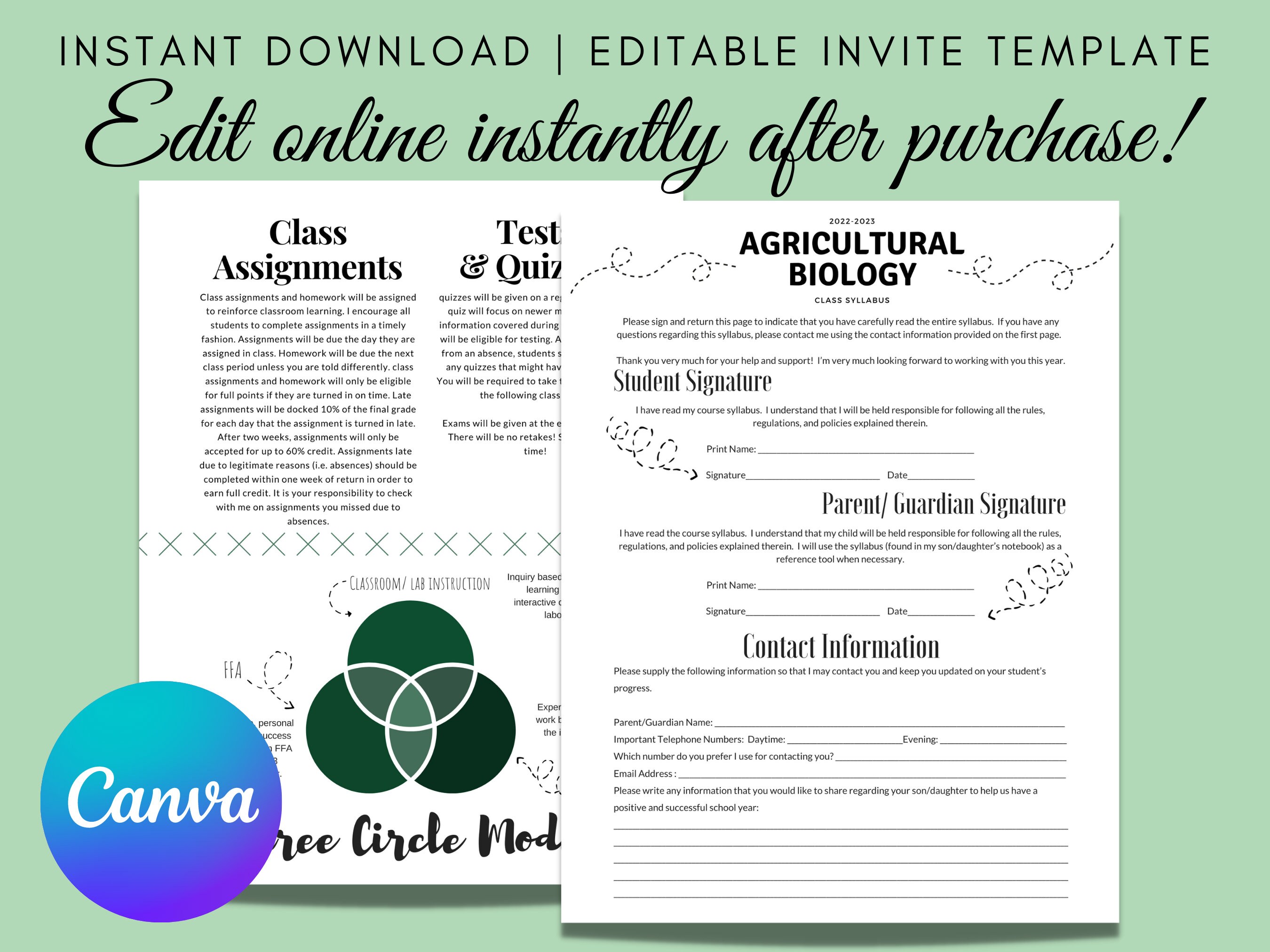 Editable Class Syllabus, Agriculture Biology, Back to School, EDITABLE ...