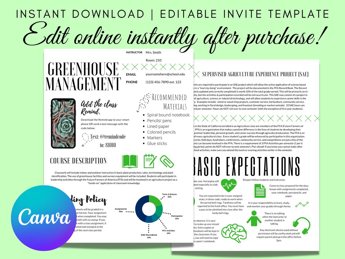 Editable Class Syllabus Greenhouse Management Back to - Etsy