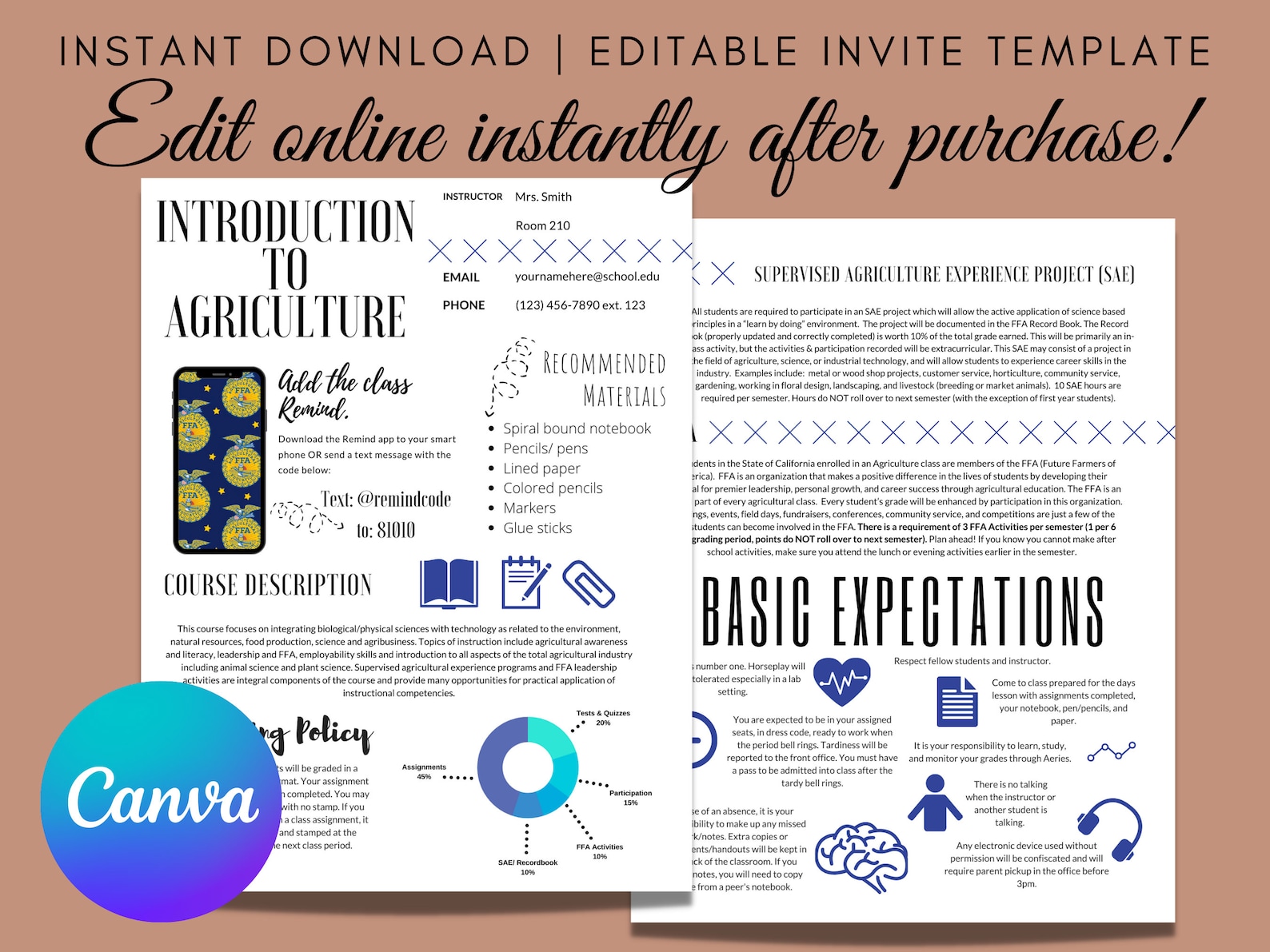 Editable Class Syllabus, Introduction to Ag, Back to School, EDITABLE ...