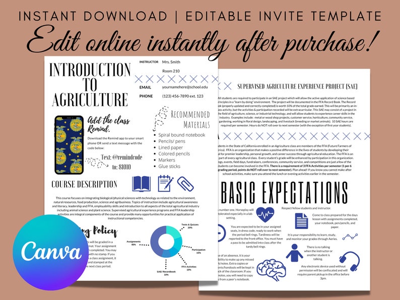 Editable Class Syllabus Introduction to Ag Back to School - Etsy