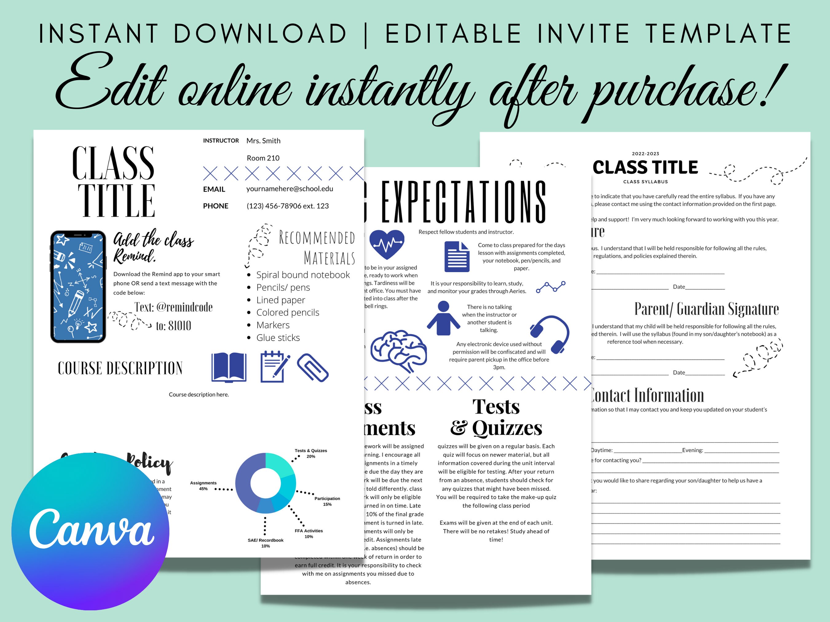 Editable Class Syllabus, High School, Back to School, EDITABLE CANVA ...