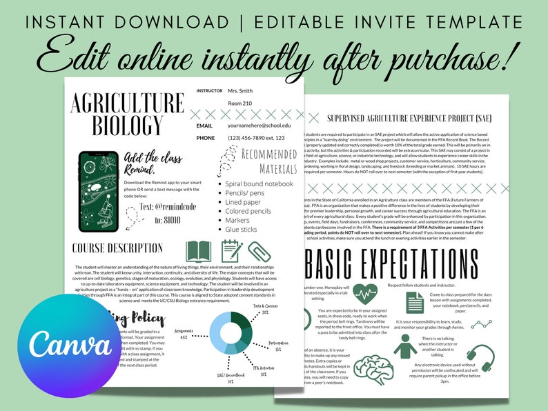 Editable Class Syllabus Agriculture Biology Back to School - Etsy