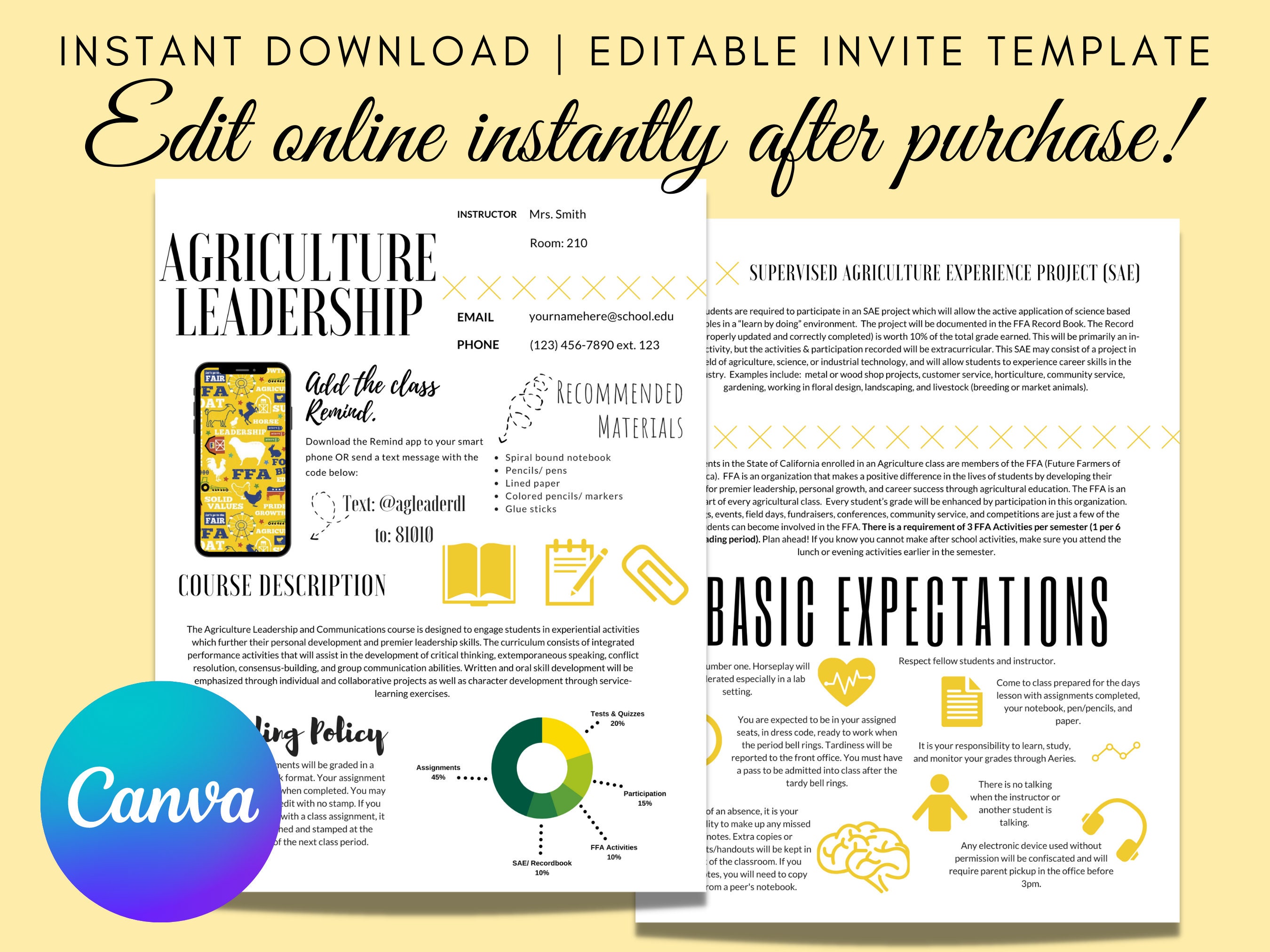 Editable Class Syllabus Agriculture Leadership Back to - Etsy