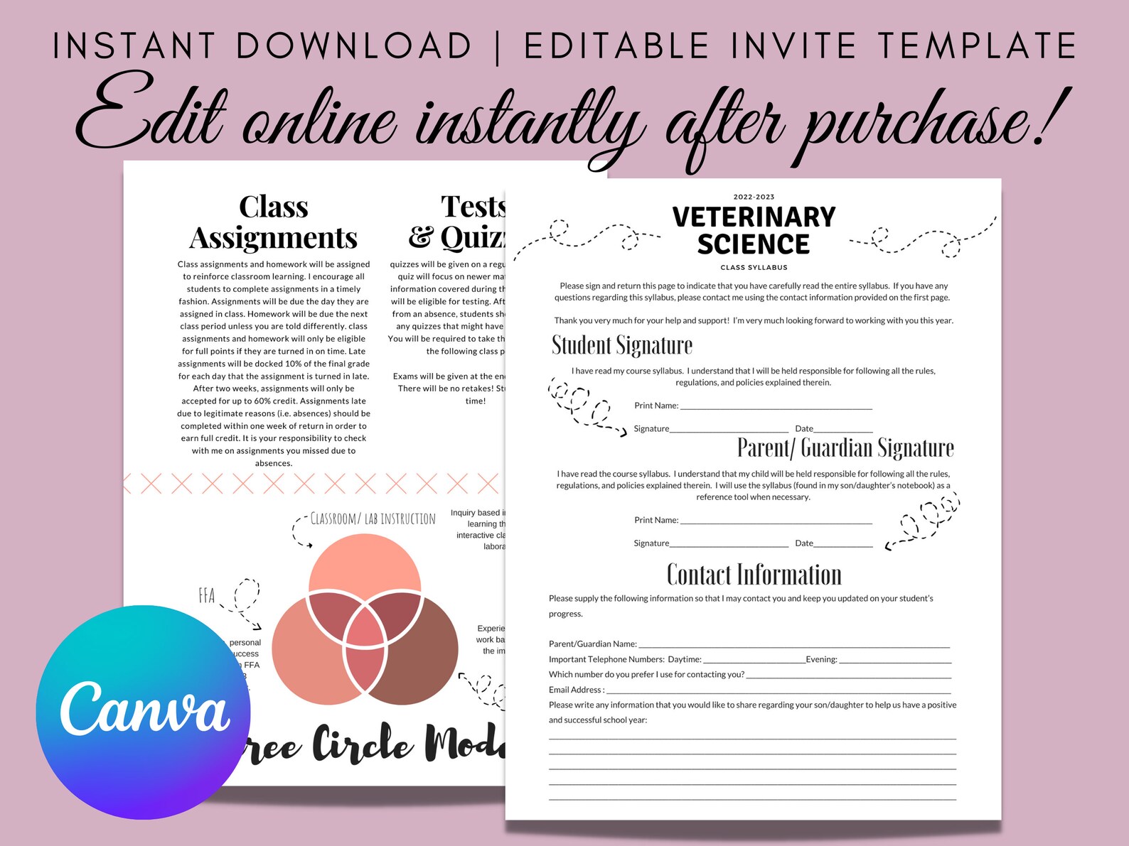 Editable Class Syllabus Veterinary Science Back to School - Etsy