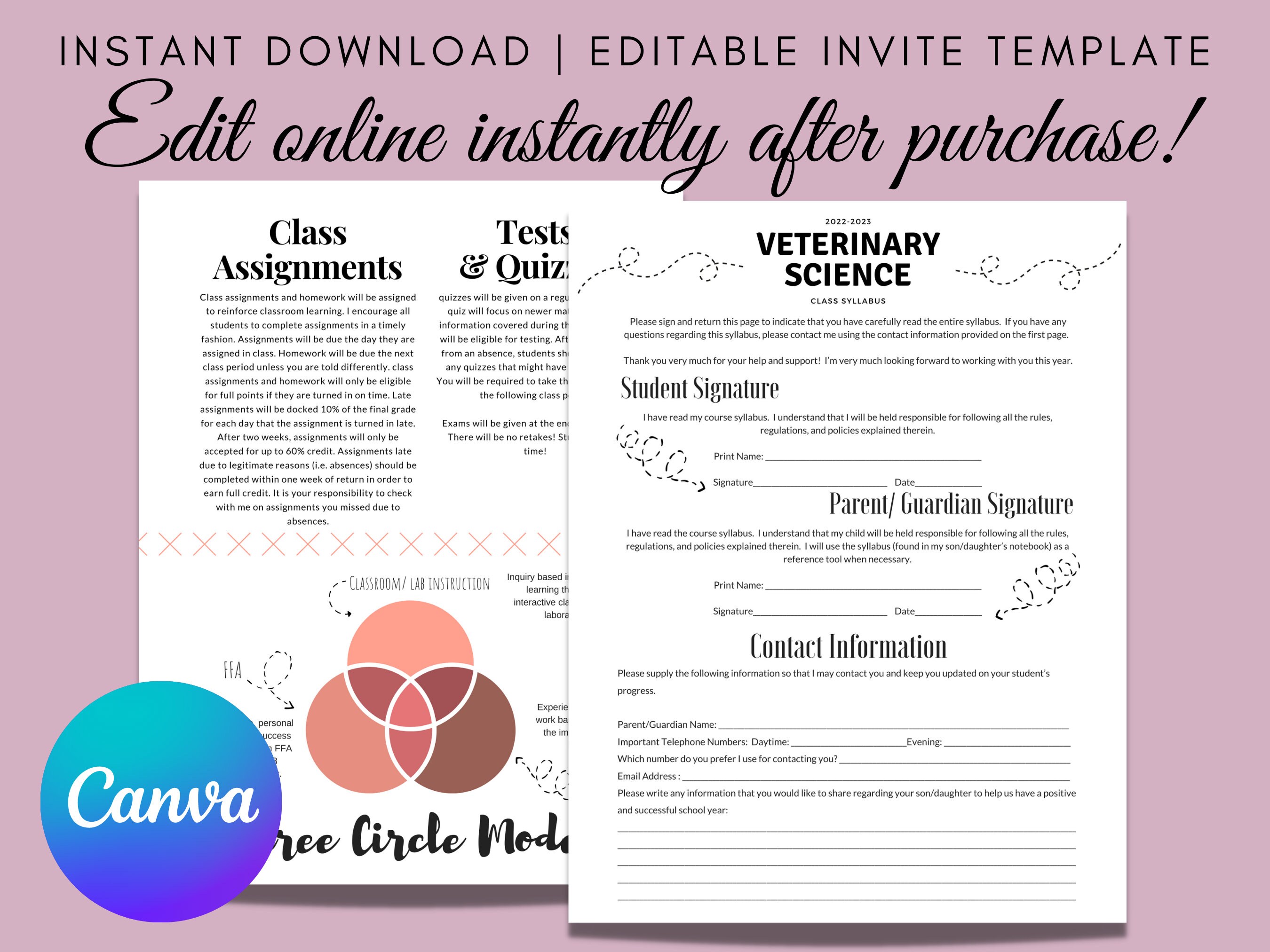 Editable Class Syllabus, Veterinary Science, Back to School, EDITABLE ...