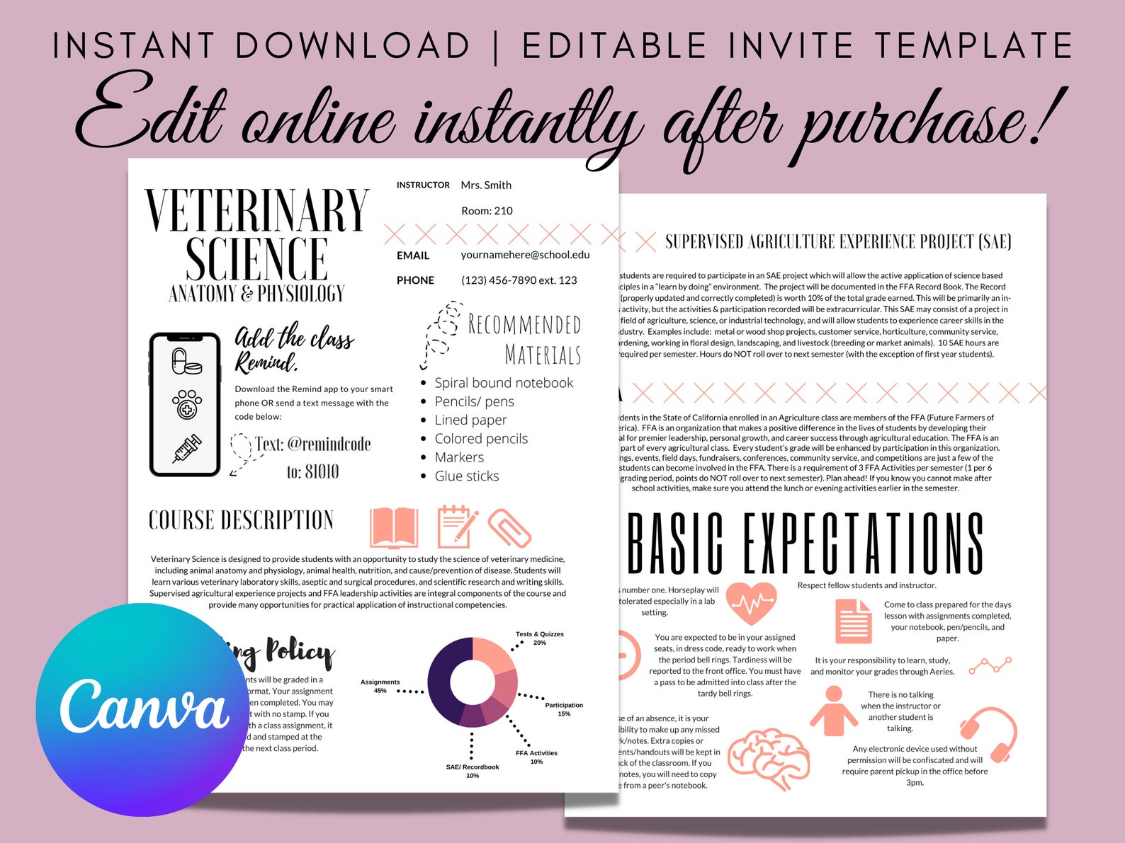 Editable Class Syllabus Veterinary Science Back to School - Etsy