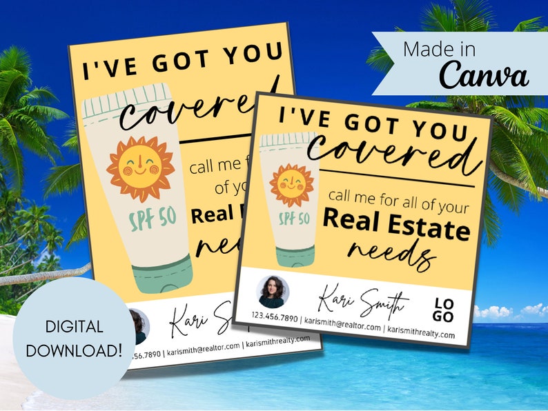 Sunscreen Summer Themed Pop-by Tags, EDITABLE TEMPLATE, Realtor ...