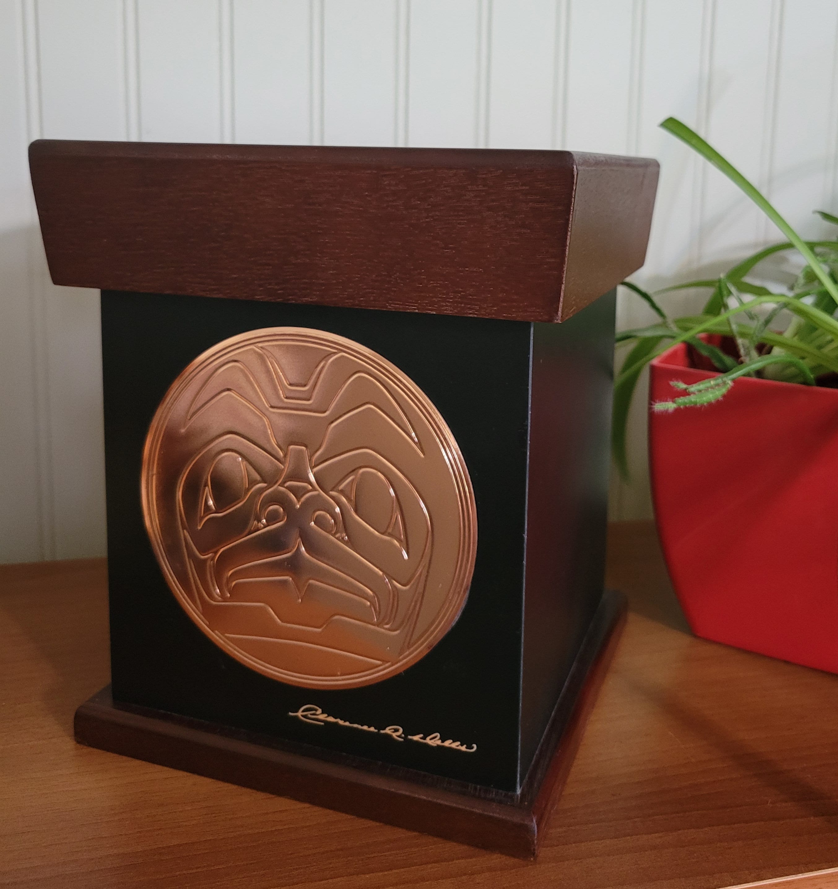 FIRST NATION Haida, Vintage Wooden Keepsake Box by Clarence D Wells, Embossed Copper Symbols ...