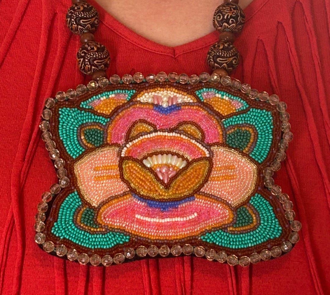 Métis Indigenous Bead Embroidered Floral Medallion Necklace, Handmade ...