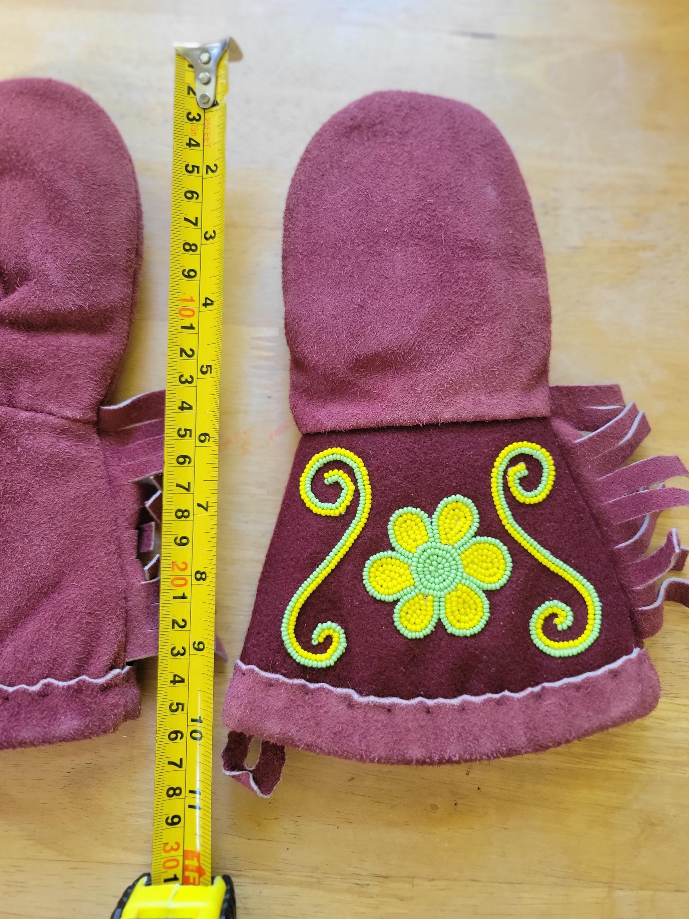 VTG OJIBWAY Beaded Gauntlet Mittens, Floral Beadwork Detail, Moose Hide ...