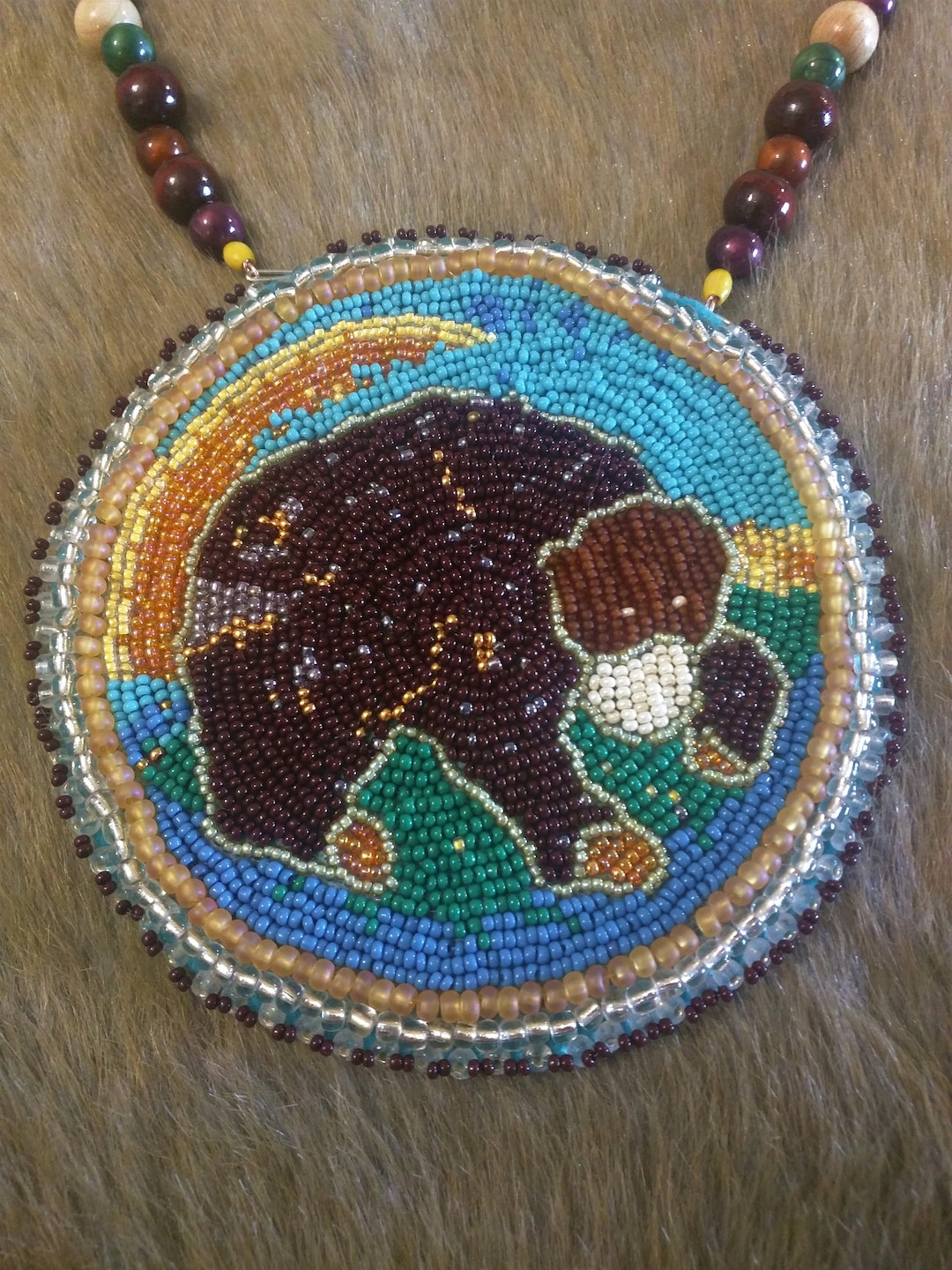 Handmade Beaded Medallion, Bear Necklace With Leather Backing - Etsy