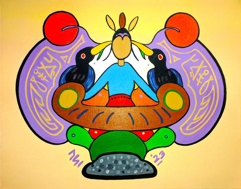 Native Art Painting: Nanabozo & Canoe Woman, Framed Acrylic on Canvas ...