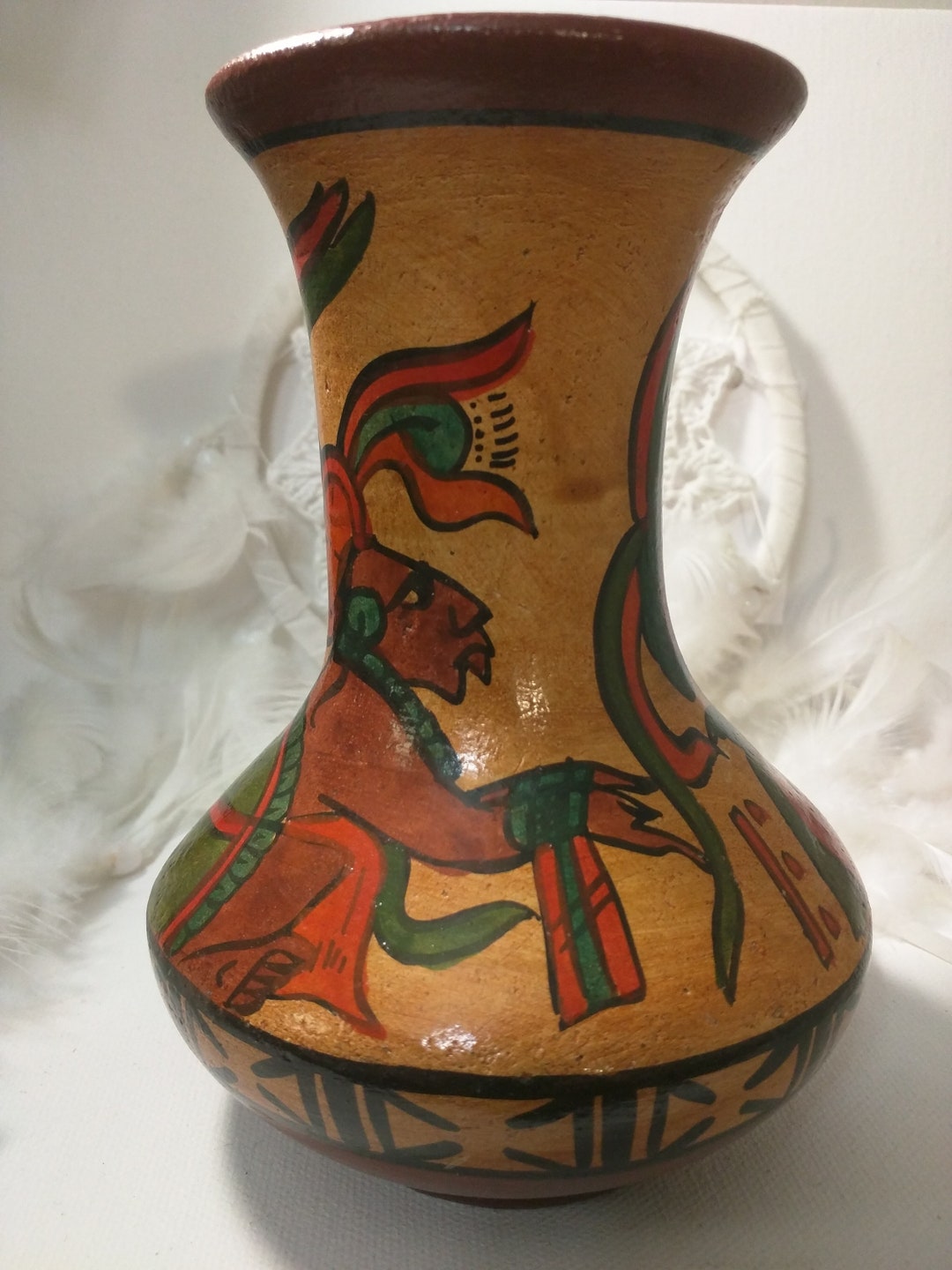 VINTAGE Mayan Pottery Art Vase, 1960's Hand Painted Mexican Folk Art ...