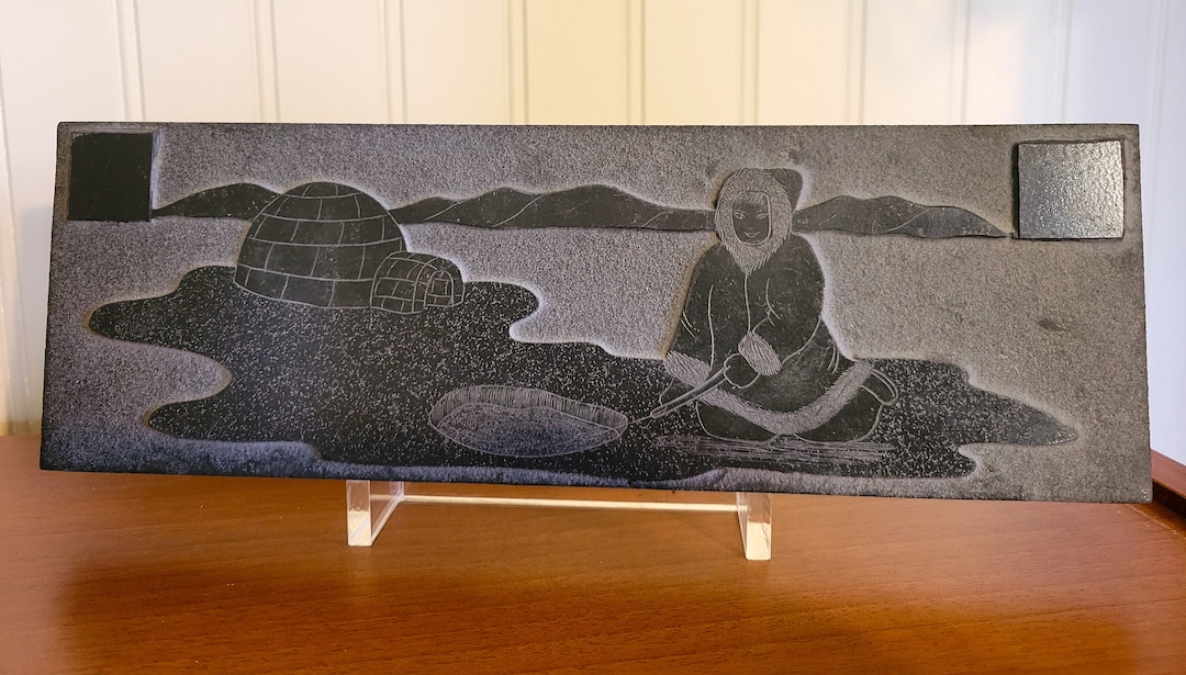 Inuit Soapstone Etched Carving, Engraved Sculpture on Stand, Relief ...