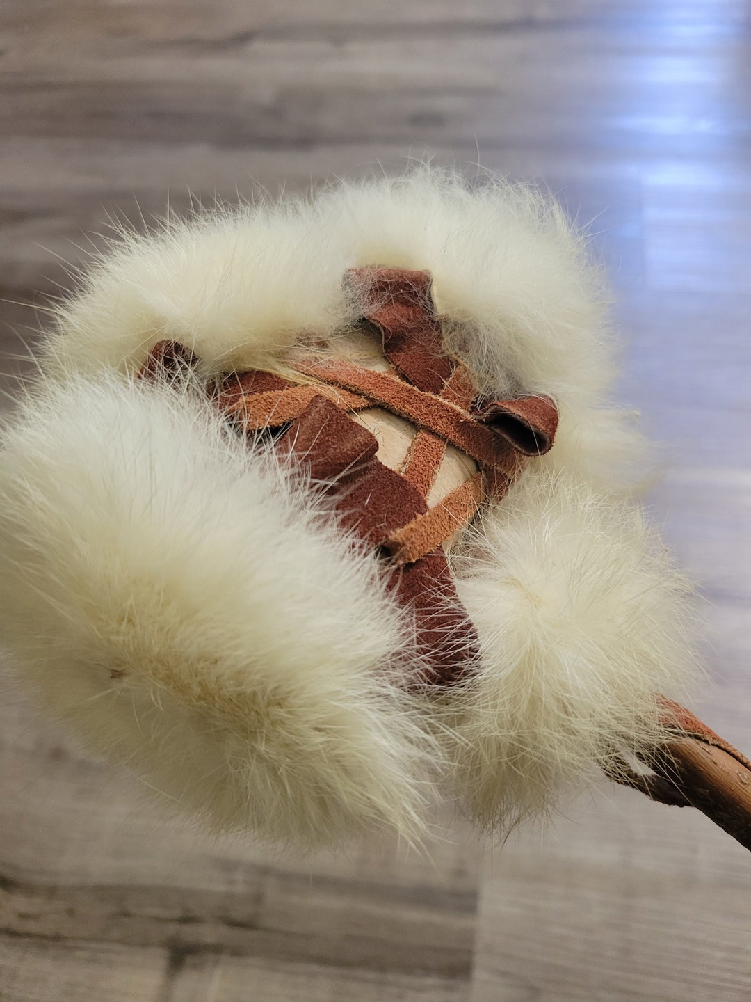 VTG FIRST NATION Ceremonial Hand Rattle 1950's, Rabbit, Racoon Fur ...