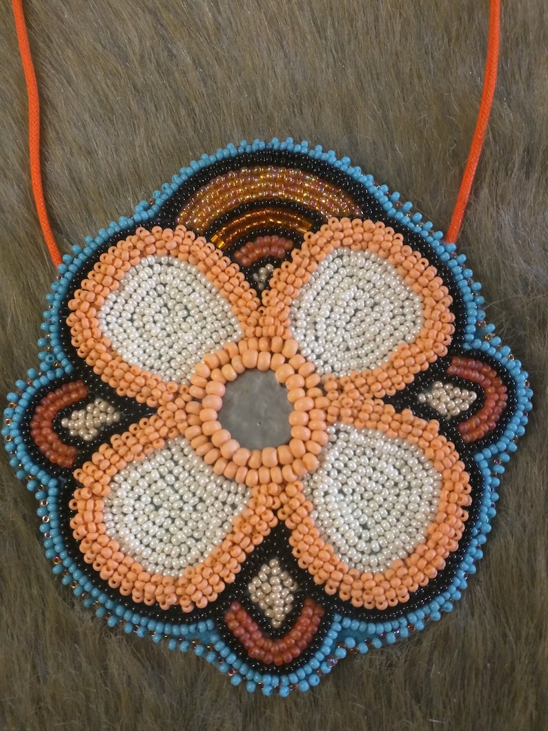 Raised Beadwork, Floral Medallion, Beaded Necklace With Suede Leather ...