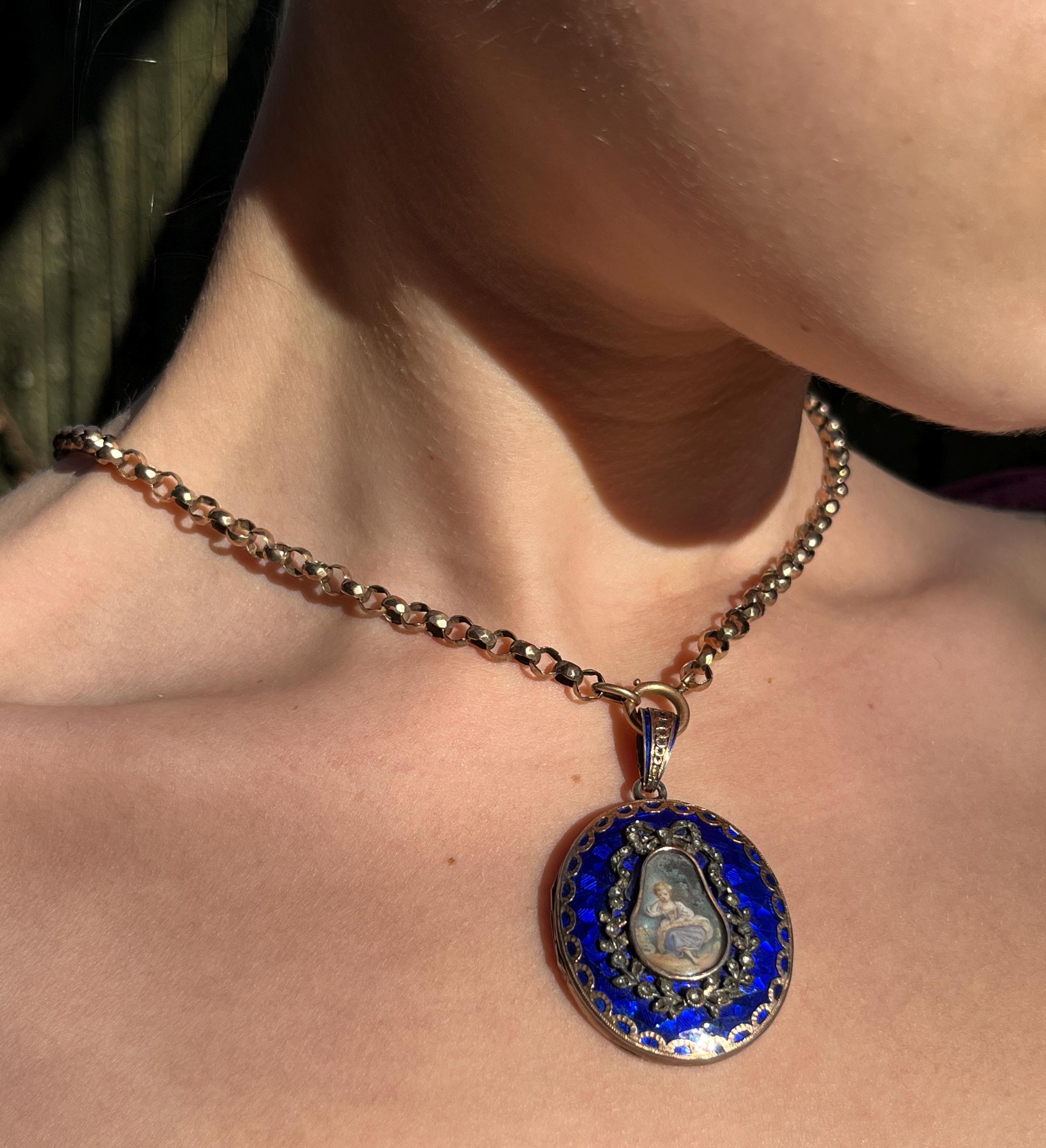 Antique French 18K, Silver, Diamond & Hand Painted Enamel Locket ...