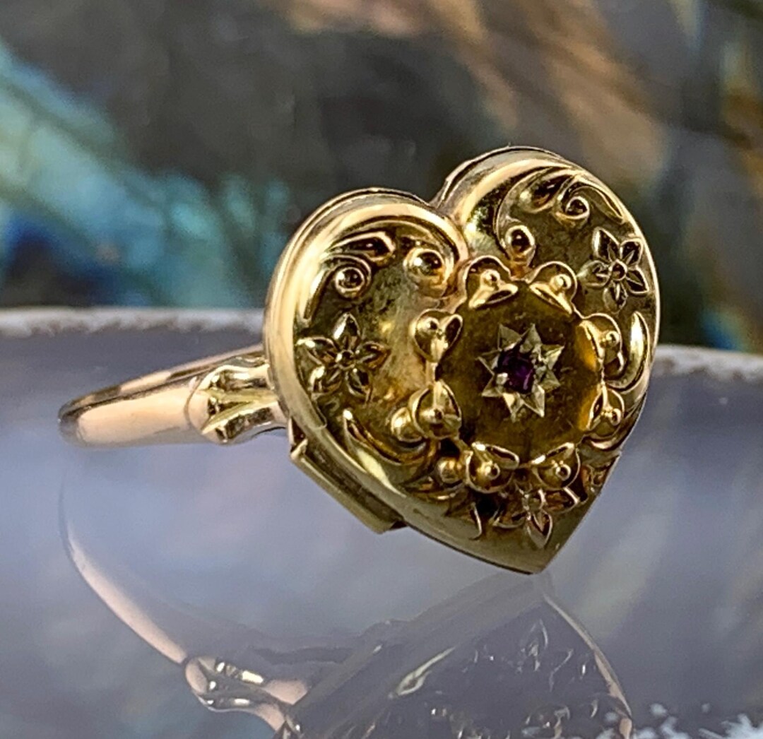 Antique 9K & Ruby Heart Locket Conversion Ring With Antique Shank - Etsy