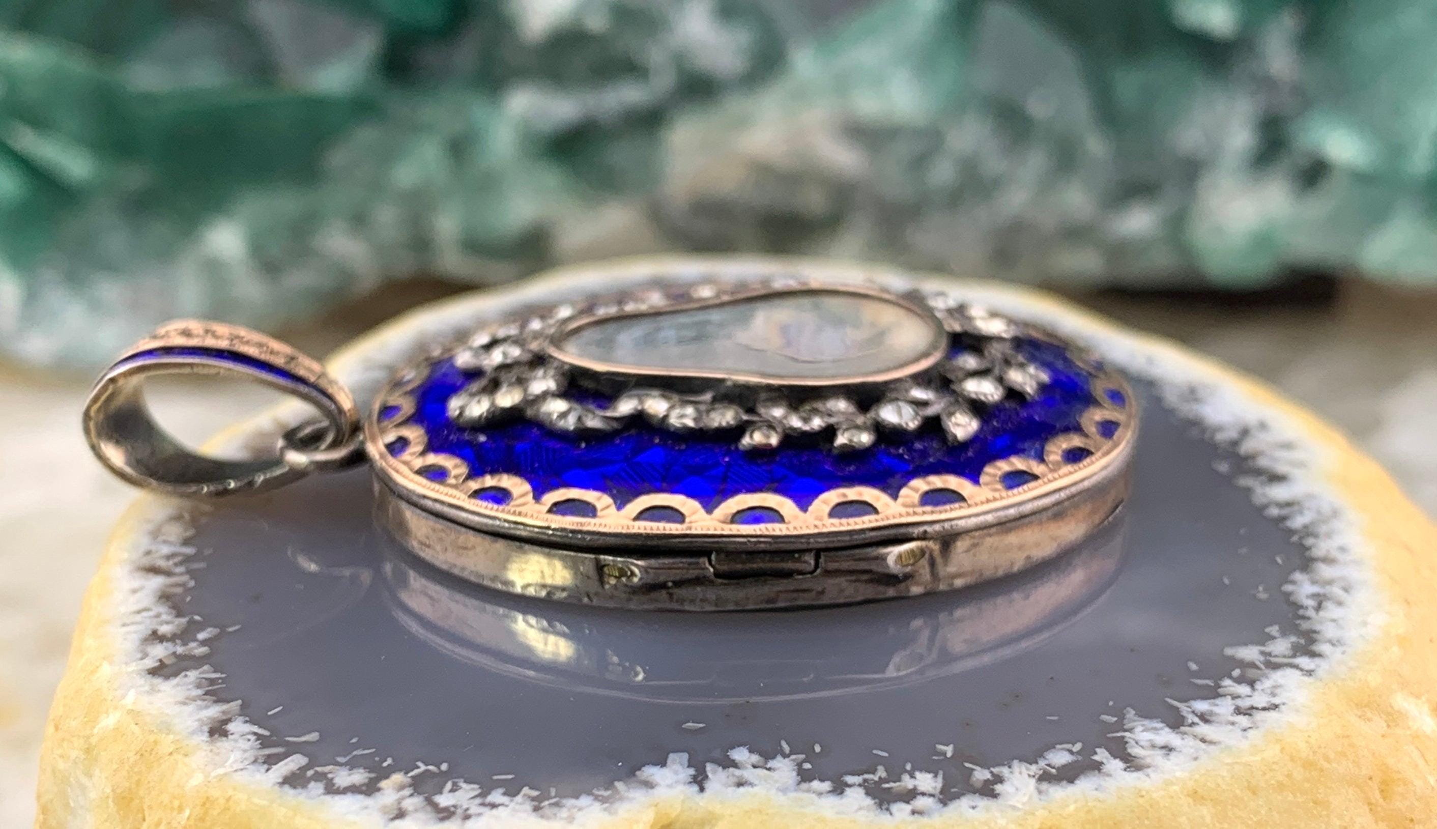 Antique French 18K, Silver, Diamond & Hand Painted Enamel Locket ...