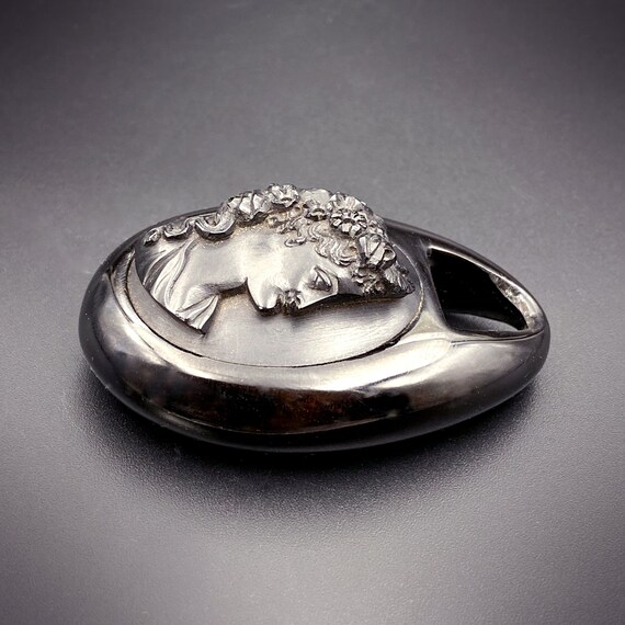 Antique Whitby Jet Carved Cameo Hair Locket Pendant - Gem