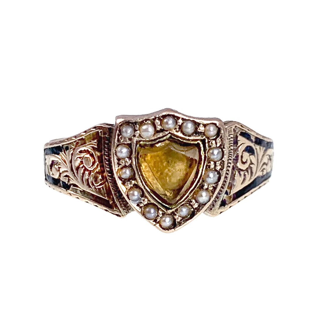 Antique English 9k, Citrine, Seed Pearl & Enamel Shield Ring - Etsy