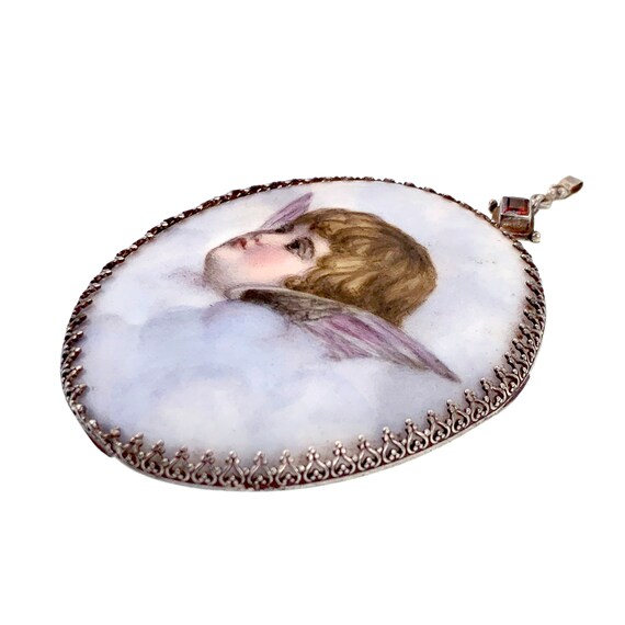 Antique Silver & Hand Painted Porcelain Angel Pendant - Gem