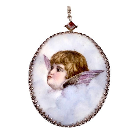 Antique Silver & Hand Painted Porcelain Angel Pendant - Gem