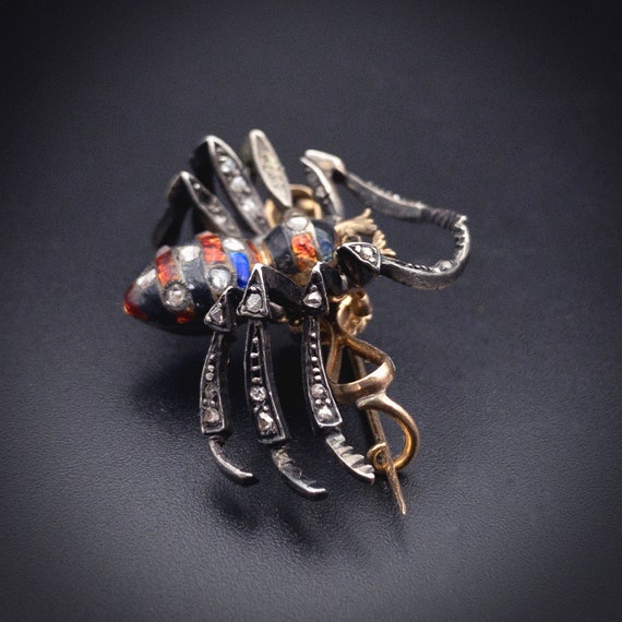 Antique 18K, Silver, Diamond & Enamel Spider Brooch - Gem