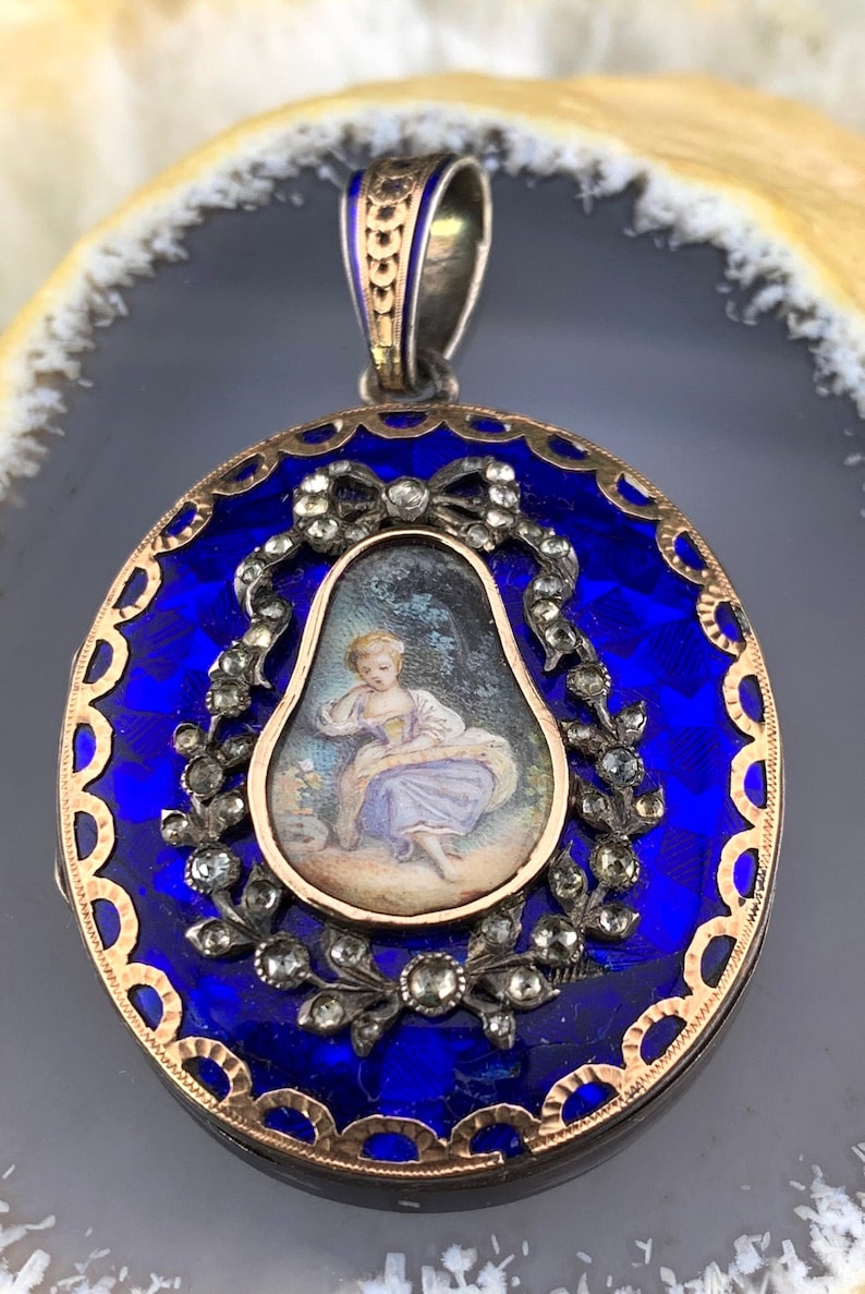 Antique French 18K, Silver, Diamond & Hand Painted Enamel Locket ...