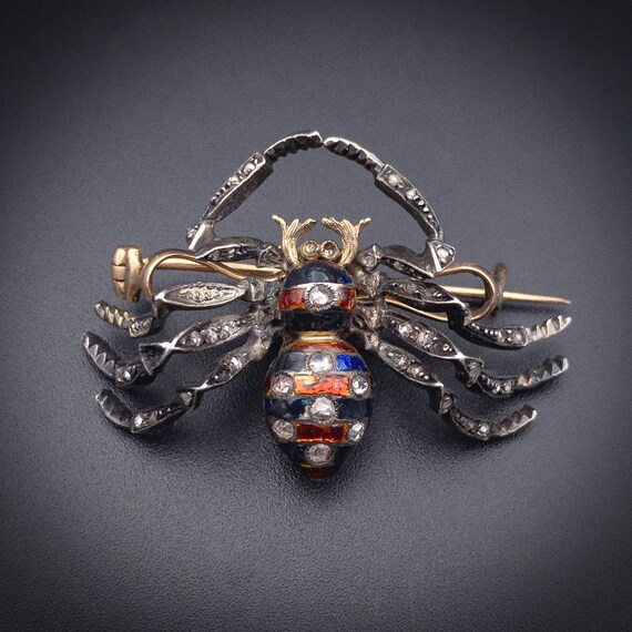 Antique 18K, Silver, Diamond & Enamel Spider Brooch - Gem