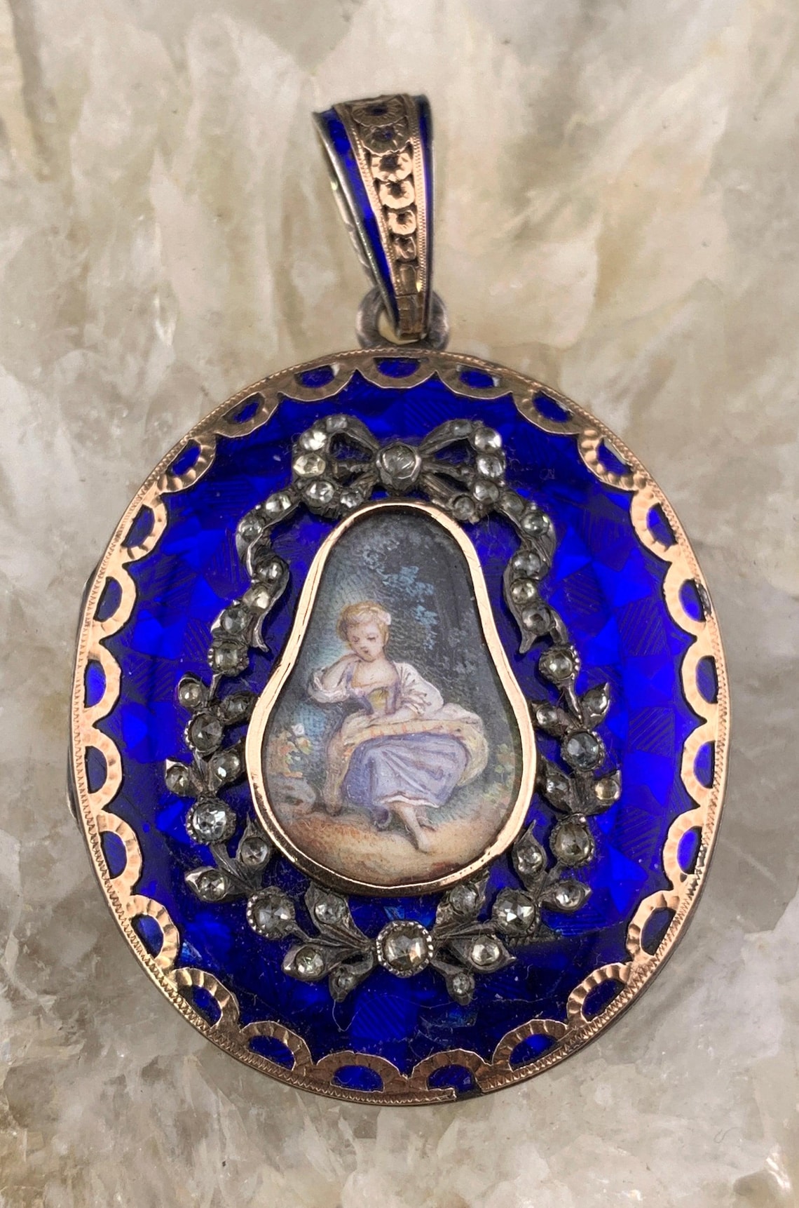 Antique French 18K, Silver, Diamond & Hand Painted Enamel Locket ...